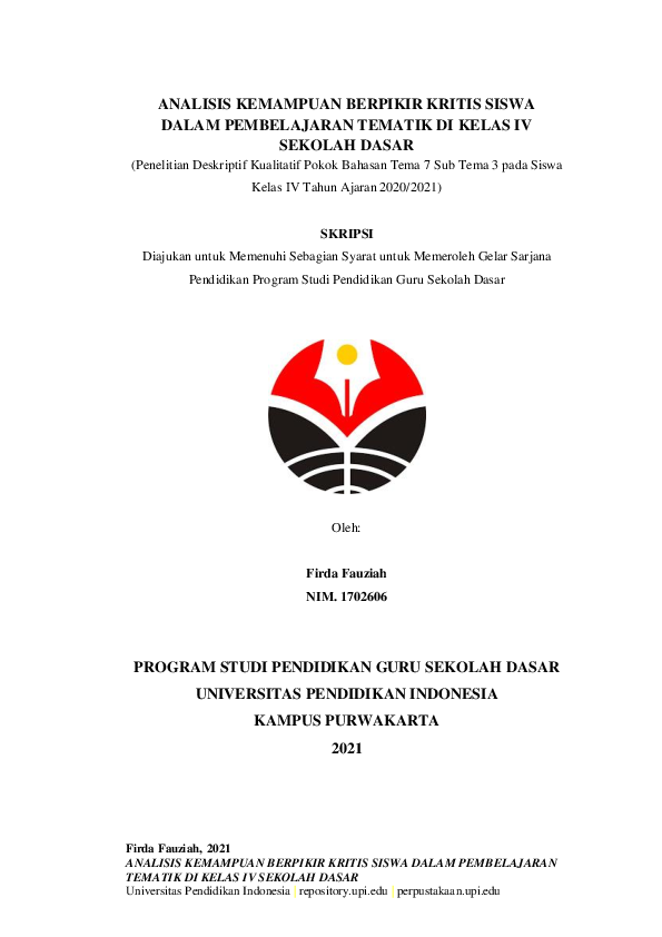 Pdf Analisis Kemampuan Berpikir Kritis Siswa Dalam Pembelajaran Tematik Di Kelas Iv Sekolah