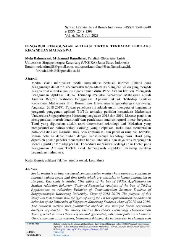 (PDF) Pengaruh Penggunaan Aplikasi Tiktok terhadap Perilaku Kecanduan Mahasiswa