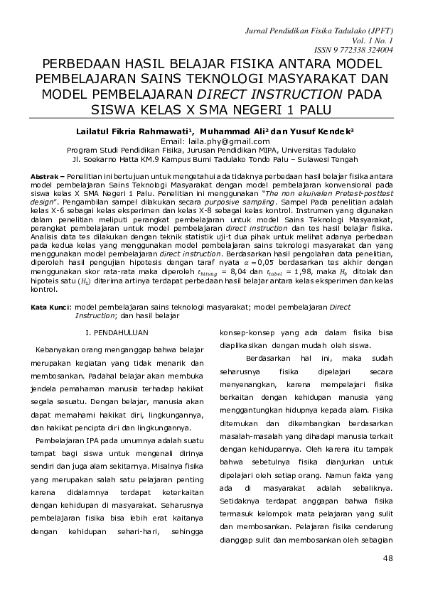 (PDF) Perbedaan Hasil Belajar Fisika Antara Model Pembelajaran Sains Teknologi Masyarakat Dan ...