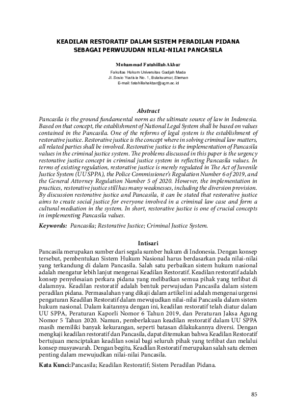 (PDF) Keadilan Restoratif Dalam Sistem Peradilan Pidana Sebagai Perwujudan Nilai-Nilai Pancasila