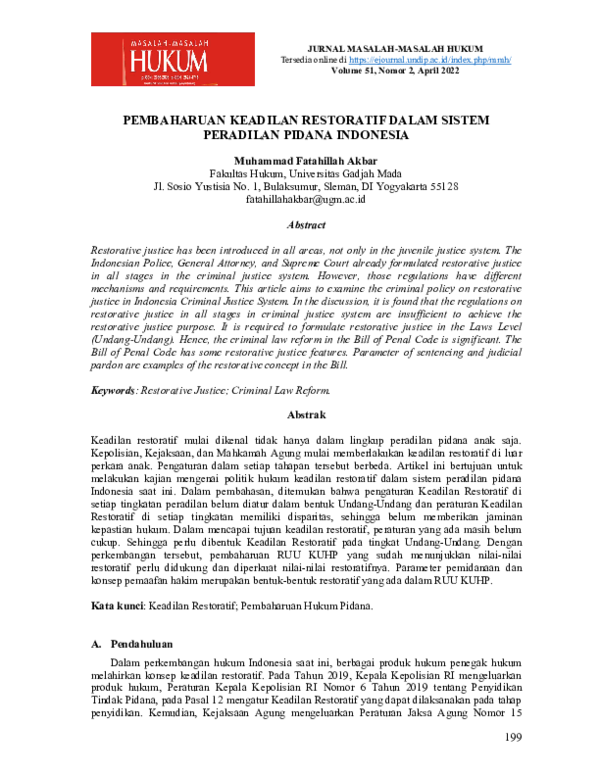 (PDF) Pembaharuan Keadilan Restoratif Dalam Sistem Peradilan Pidana Indonesia | Muhammad ...
