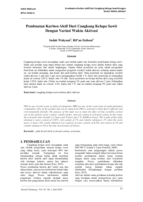(PDF) Pembuatan Karbon Aktif Dari Cangkang Kelapa Sawit Dengan Variasi Waktu Aktivasi