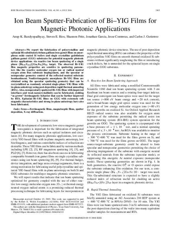 (PDF) Ion Beam Sputter-Fabrication of Bi–YIG Films for Magnetic Photonic Applications
