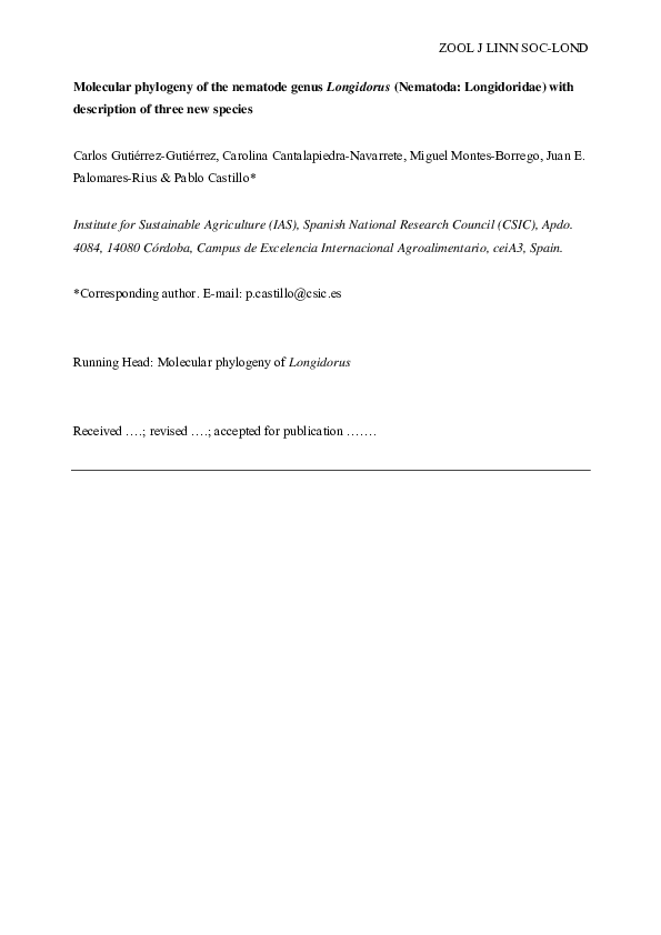 (PDF) Molecular phylogeny of the nematode genusLongidorus(Nematoda ...