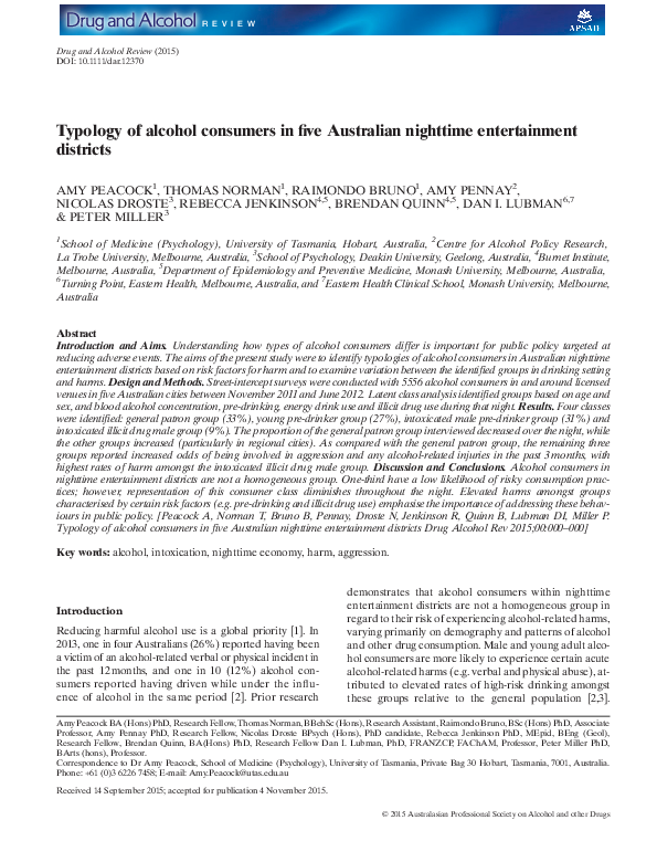 (PDF) Typology of alcohol consumers in five Australian nighttime ...