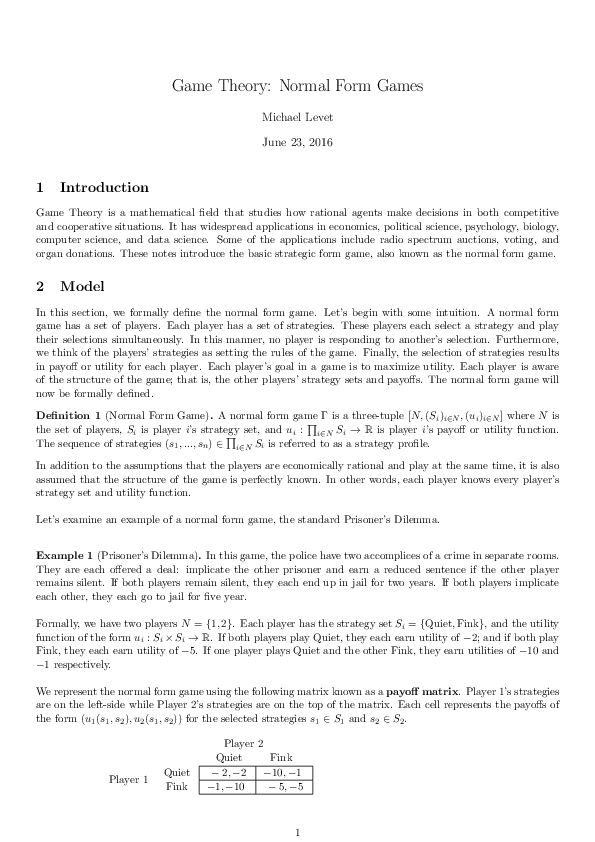 (PDF) Game Theory : Normal Form Games
