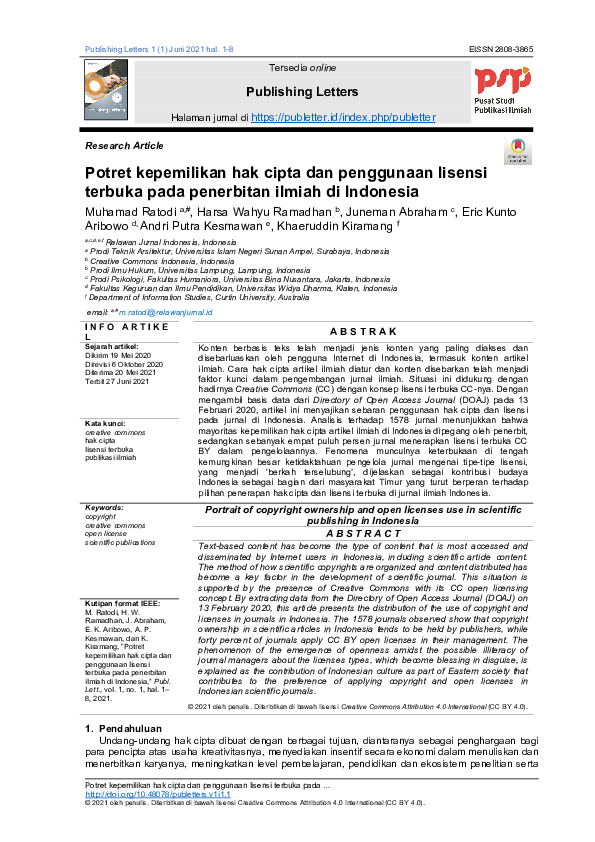(PDF) Potret kepemilikan hak cipta dan penggunaan lisensi terbuka pada ...