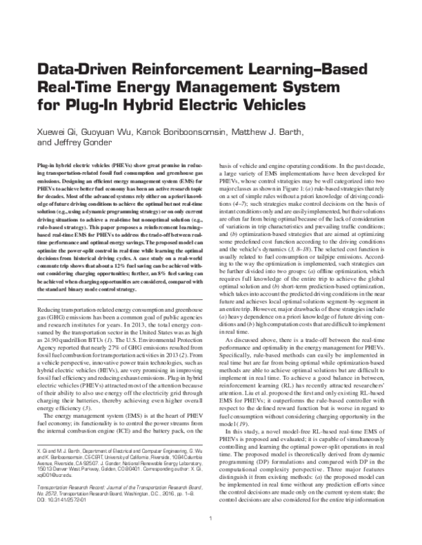 Data-Driven Reinforcement Learning–Based Real-Time Energy Management System for Plug-In Hybrid ...