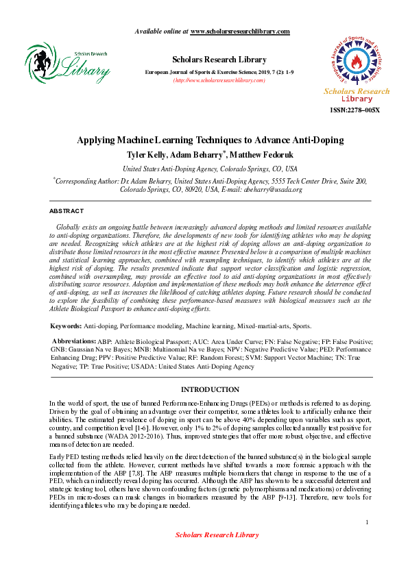 (PDF) Applying Machine Learning Techniques to Advance Anti-Doping