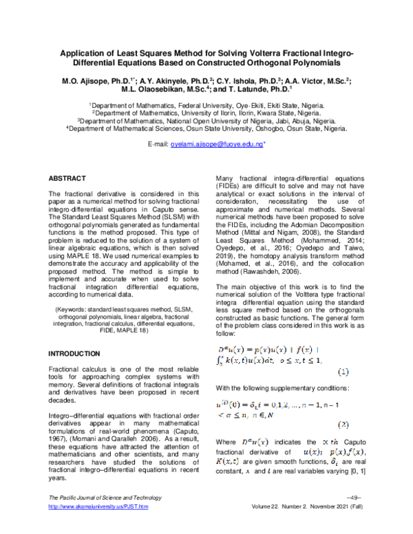 Pdf Application Of Least Squares Method For Solving Volterra