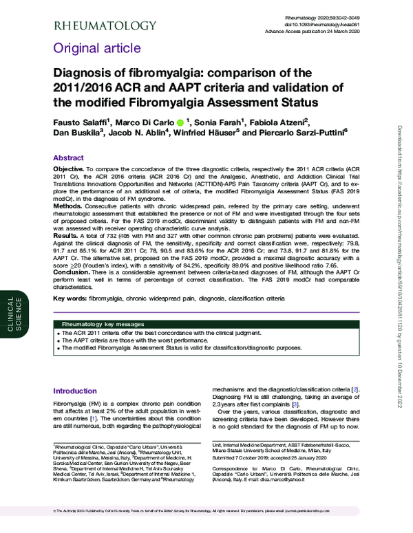 (PDF) Diagnosis of fibromyalgia: comparison of the 2011/2016 ACR and ...