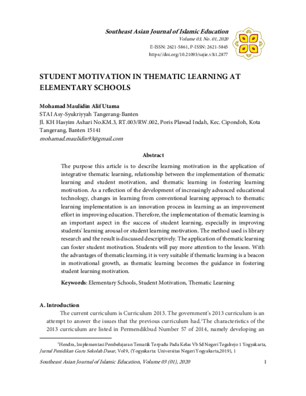 (PDF) Student Motivation in Thematic Learning at Elementary Schools