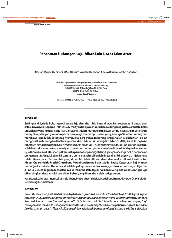 (PDF) Penentuan hubungan laju-aliran lalu lintas jalan arteri