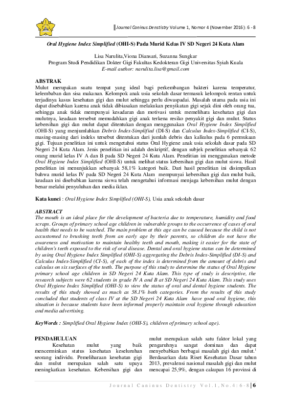 (PDF) Oral Hygiene Index Simplified (OHI-S) Pada Murid Kelas IV SD ...