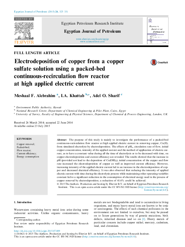 (PDF) Electrodeposition of copper from a copper sulfate solution using ...