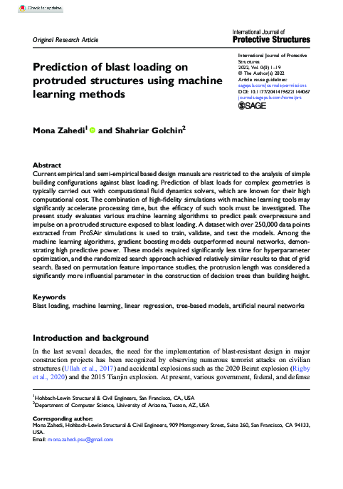 (PDF) Prediction of blast loading on protruded structures using machine learning methods