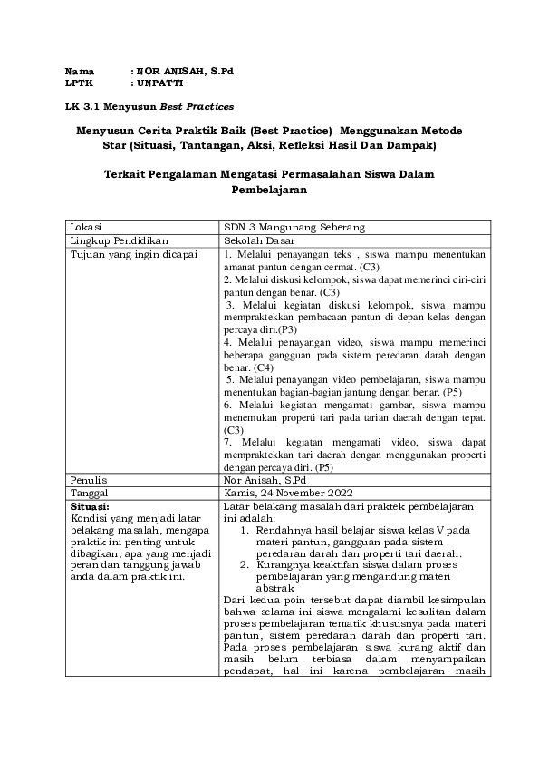 (PDF) Menyusun Cerita Praktik Baik (Best Practice) Menggunakan Metode ...