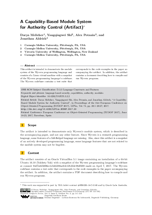 (PDF) A Capability-Based Module System for Authority Control (Artifact)
