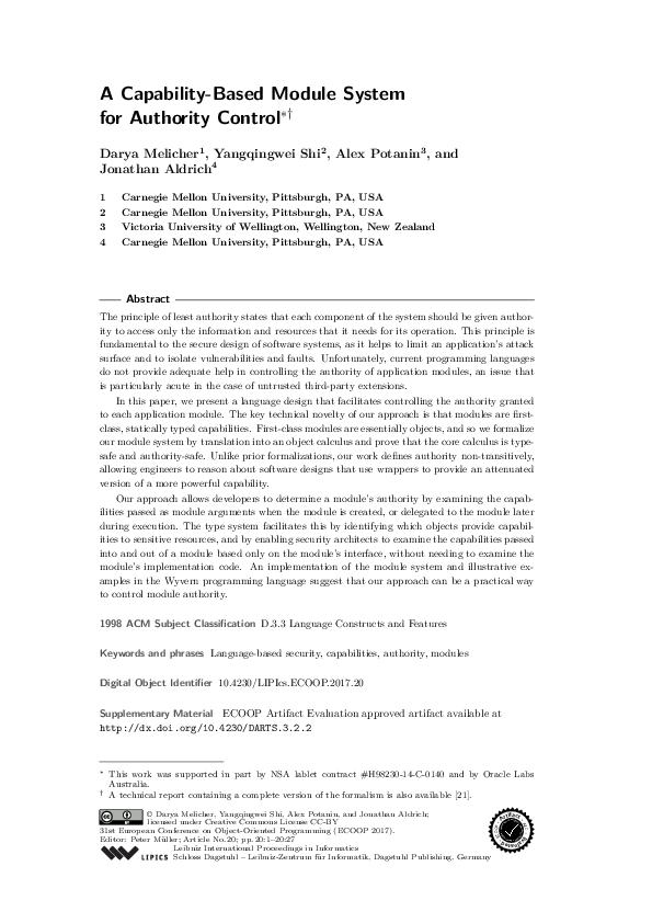 (PDF) A Capability-Based Module System for Authority Control