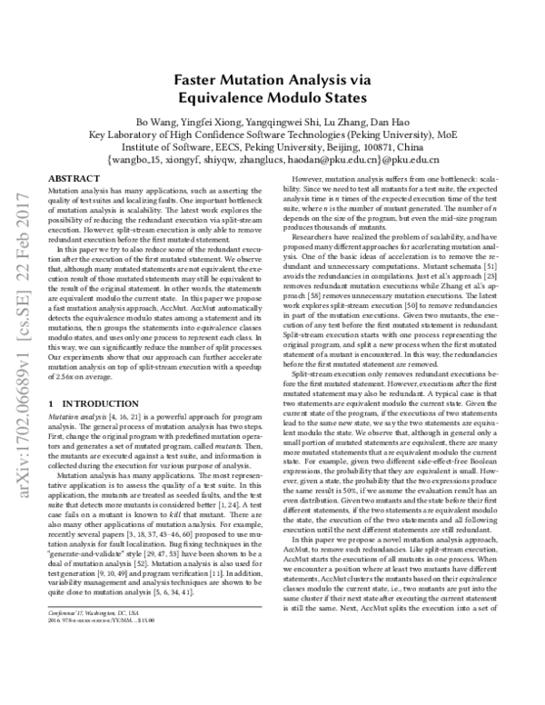 (PDF) Faster mutation analysis via equivalence modulo states