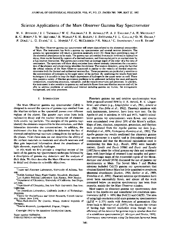 (PDF) Science applications of the Mars Observer gamma ray spectrometer