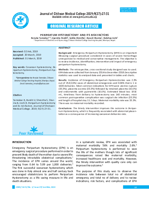 Pdf Peripartum Hysterectomy And Its Risk Factors