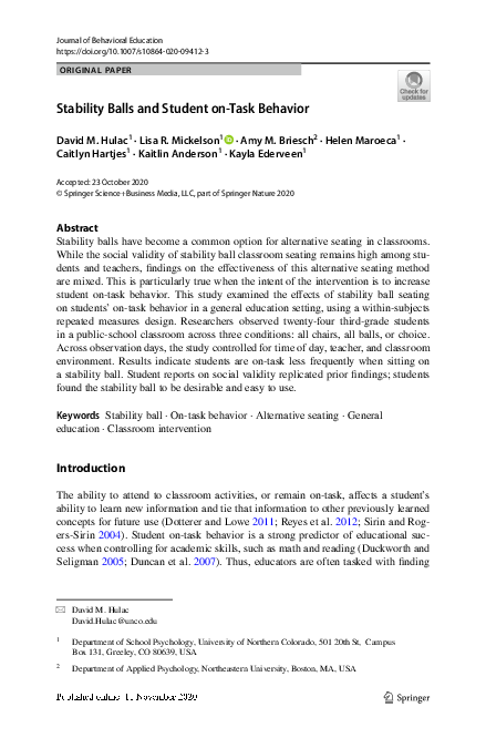 (PDF) Stability Balls and Student on-Task Behavior
