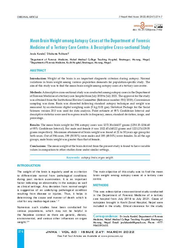 (PDF) Mean Brain Weight among Autopsy Cases at the Department of ...