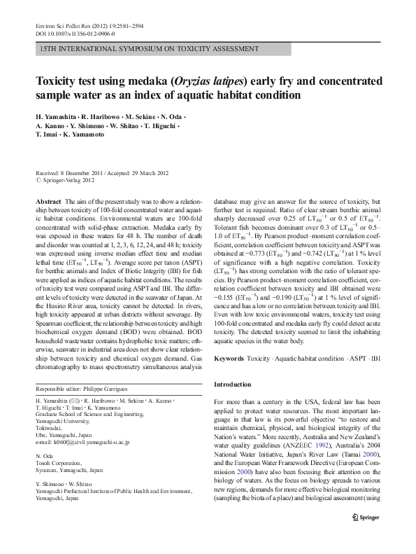 (PDF) Toxicity test using medaka (Oryzias latipes) early fry and ...