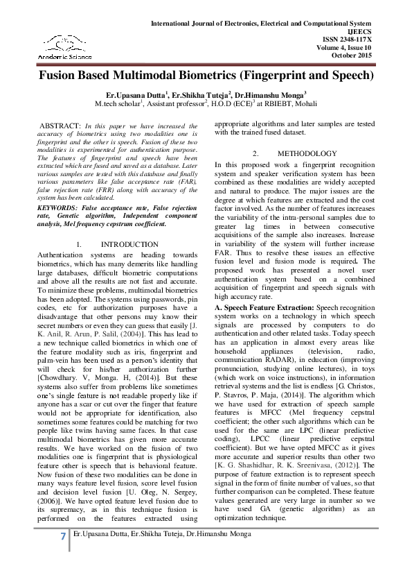(PDF) Fusion Based Multimodal Biometrics (Fingerprint and Speech)