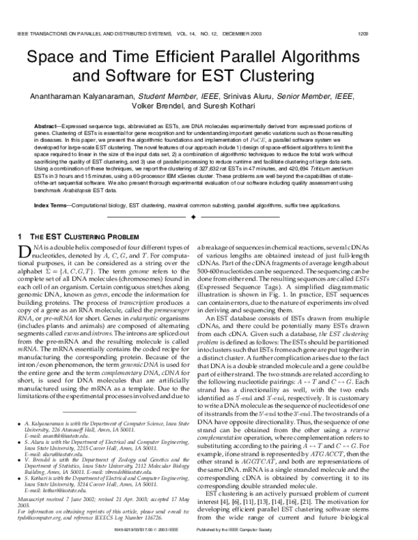 (PDF) Space and time efficient parallel algorithms and software for EST clustering | Suresh ...