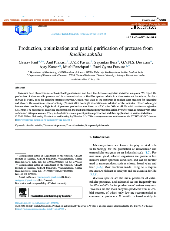 Pdf Production Optimization And Partial Purification Of Protease Frombacillus Subtilis