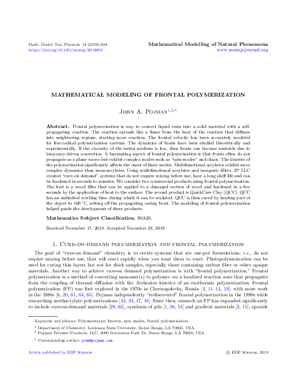 (PDF) Mathematical modeling of frontal polymerization | John Pojman ...