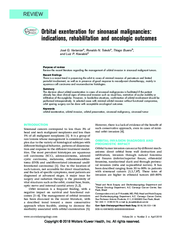 (PDF) Orbital exenteration for sinonasal malignancies: indications, rehabilitation and oncologic ...