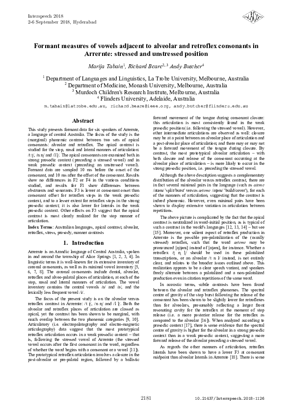 (PDF) Formant Measures of Vowels Adjacent to Alveolar and Retroflex ...