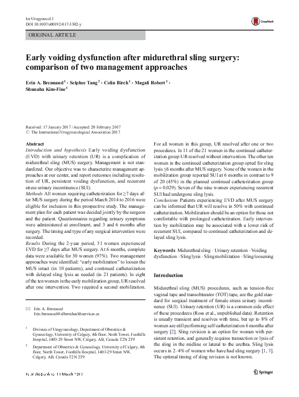 Pdf Early Voiding Dysfunction After Midurethral Sling Surgery Comparison Of Two Management