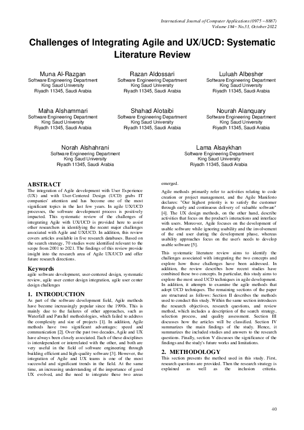 (PDF) Challenges of Integrating Agile and UX/UCD: Systematic Literature Review