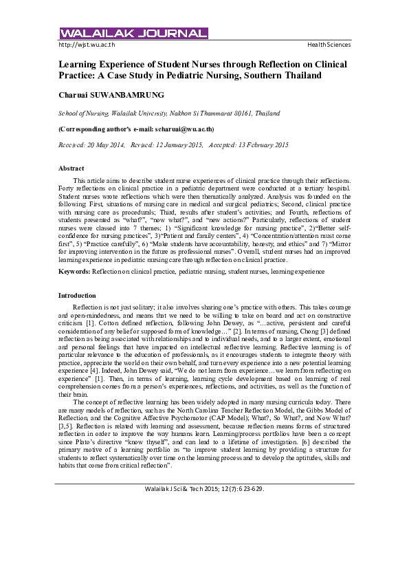 (PDF) Learning Experience of Student Nurses through Reflection on Clinical Practice: A Case ...