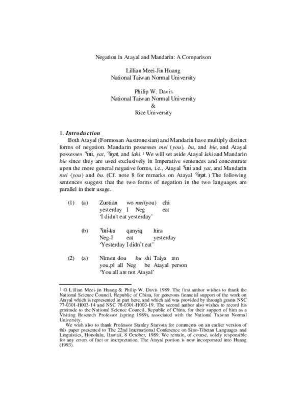 (PDF) Negation in Atayal and Mandarin: A Comparison