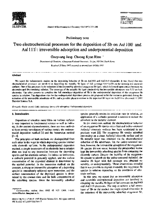 (PDF) Two electrochemical processes for the deposition of Sb on Au(100 ...