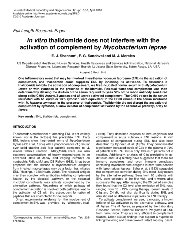 (PDF) In vitro thalidomide does not interfere with the activation of complement by Mycobacterium ...