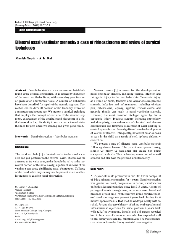 (PDF) Bilateral nasal vestibular stenosis: a case of rhinoscleroma and ...