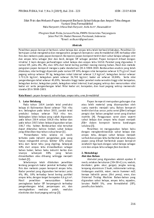 (PDF) Sifat Fisis dan Mekanis Papan Komposit Berbasis Sabut Kelapa dan Ampas Tebu dengan Variasi ...