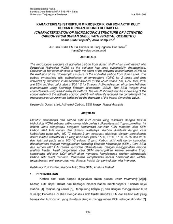 (PDF) Karakterisasi Struktur Mikroskopik Karbon Aktif Kulit Durian Dengan Geometri Fraktal