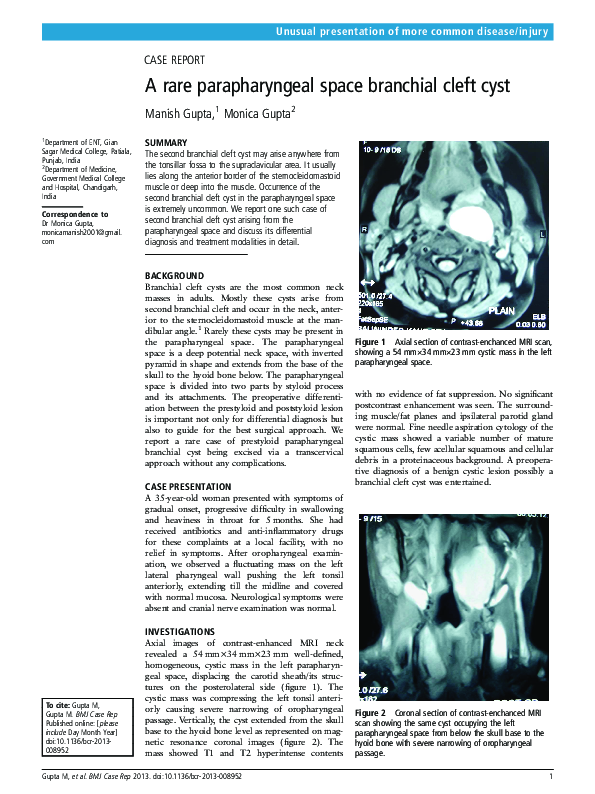 (PDF) A rare parapharyngeal space branchial cleft cyst