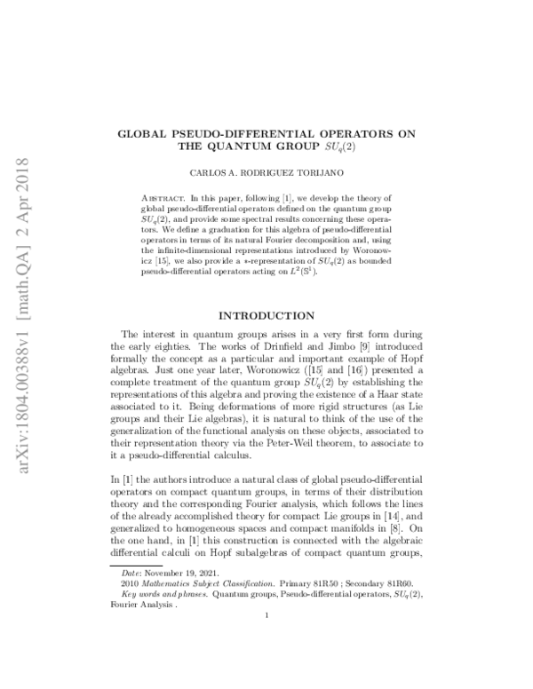 (PDF) Global Pseudo-differential Operators on the Quantum Group $SU_q(2)$