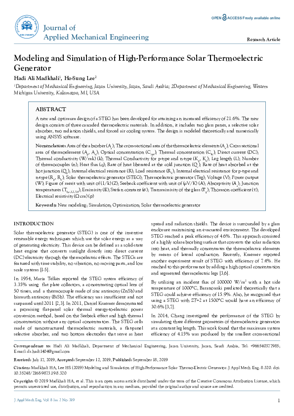 Pdf Modeling And Simulation Of High Performance Solar Thermoelectric Generator