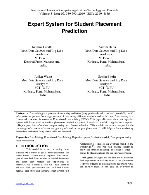 (PDF) Expert System for Student Placement Prediction