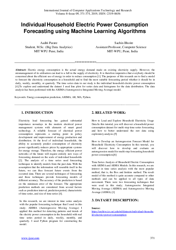 Pdf Individual Household Electric Power Consumption Forecasting Using Machine Learning Algorithms