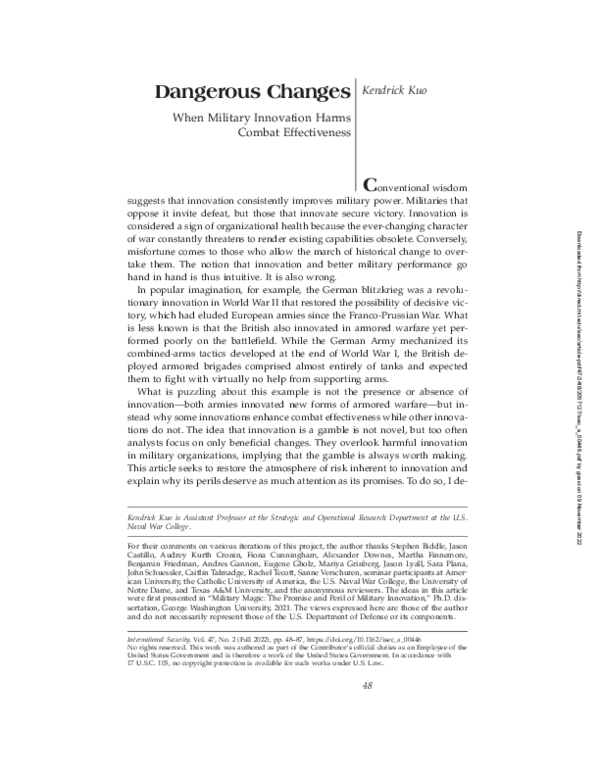 (PDF) Dangerous Changes: When Military Innovation Harms Combat ...